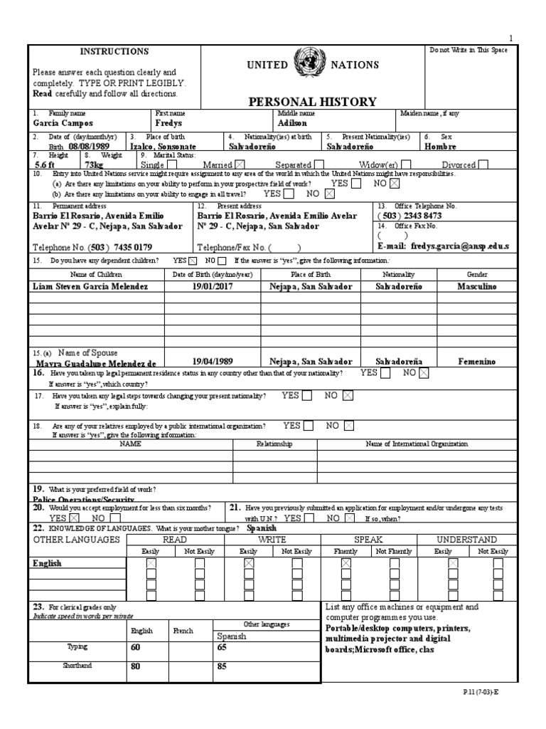 United Nations Personal History Form | PDF