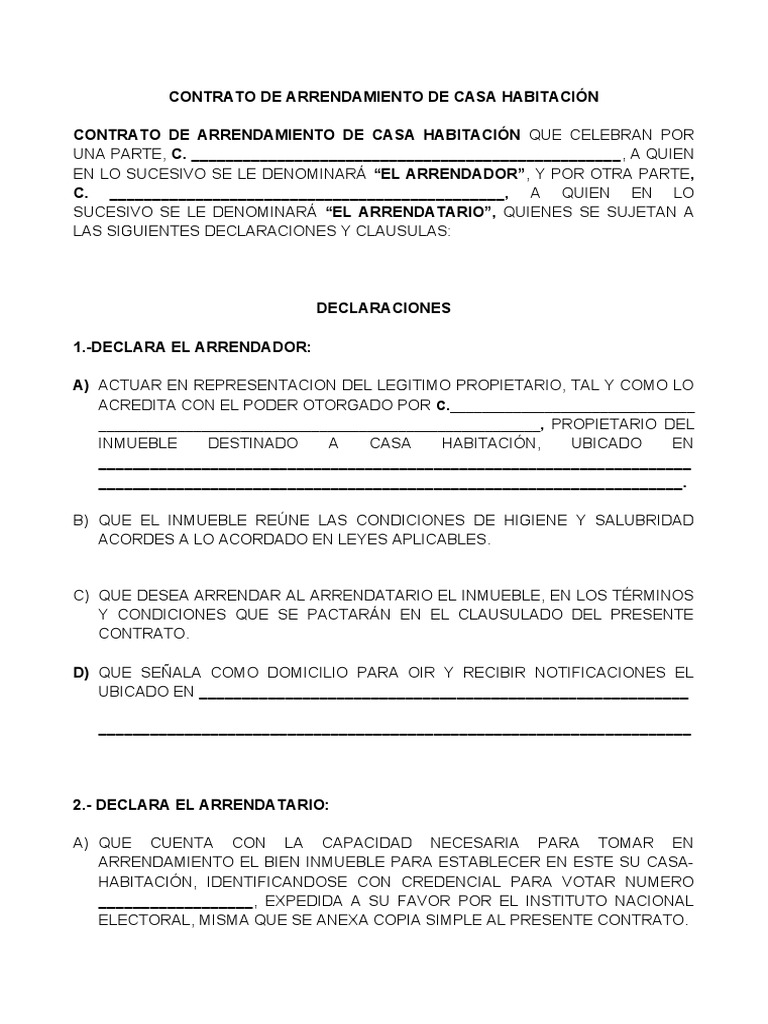 Contrato Arrendamiento Casa Habitación Machote | PDF | Derecho contractual | Ley de obligaciones