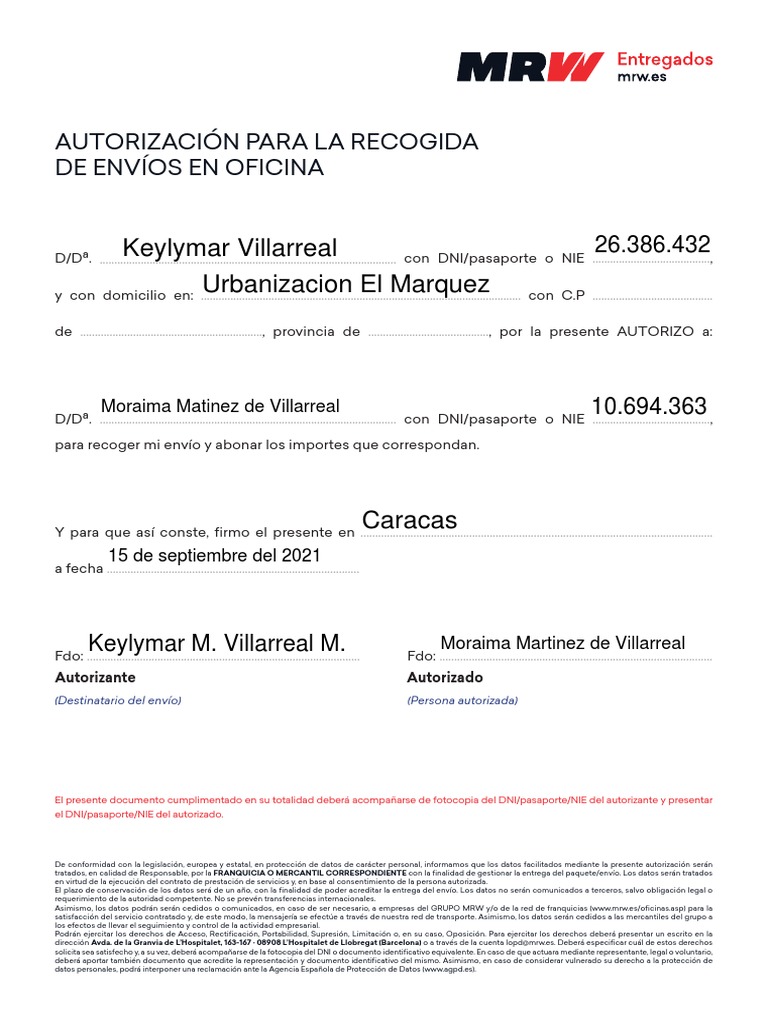 MRW Autorizacion Recogida Oficina | PDF | Privacidad de la información ...