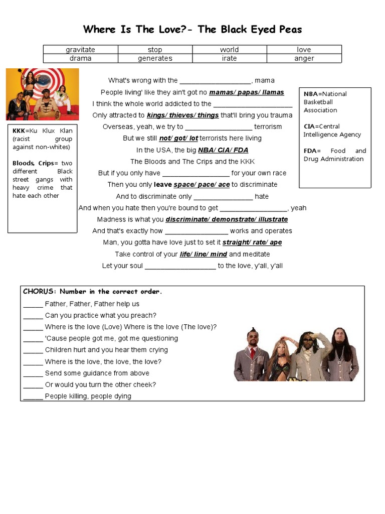 Where Is The Love by Black Eyed Peas Activities Promoting Classroom ...