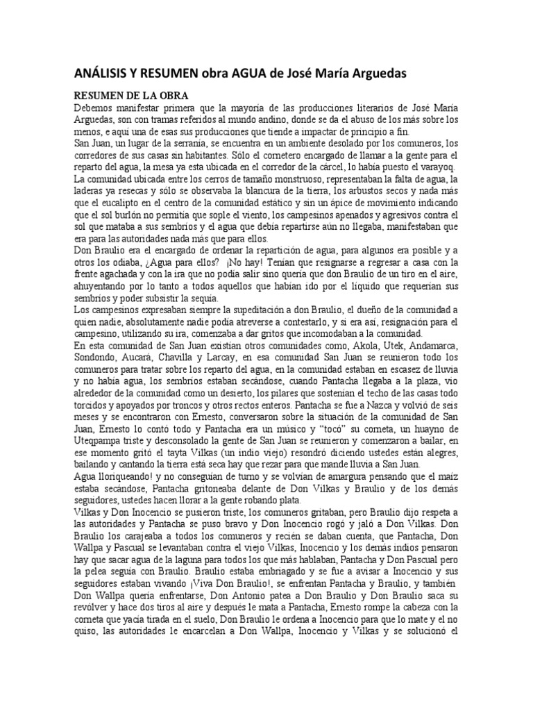 ANÁLISIS Y RESUMEN Obra AGUA de José María Arguedas | PDF | América del ...