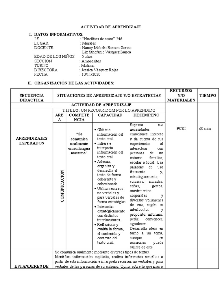 Actividad de Aprendizaje - 5 Años | PDF | Aprendizaje | Cognición