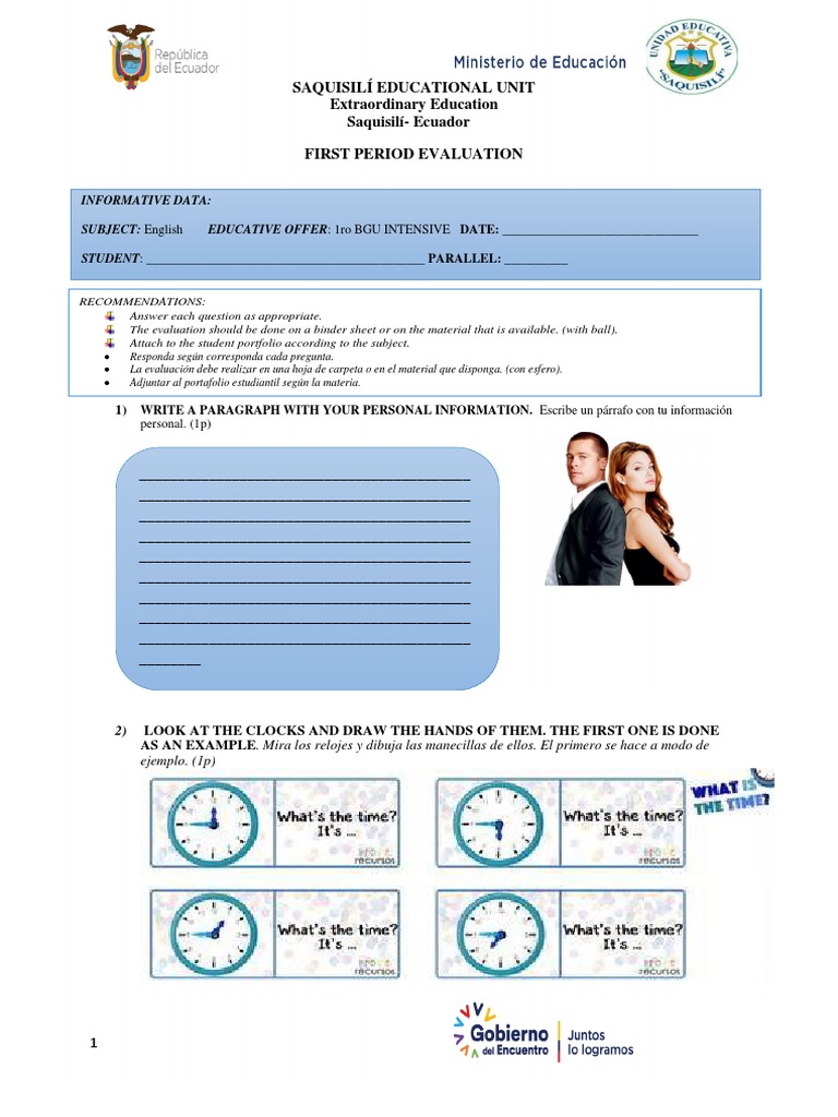 First Period Evaluation 1ro Bgu English | PDF | Pronoun | Grammar