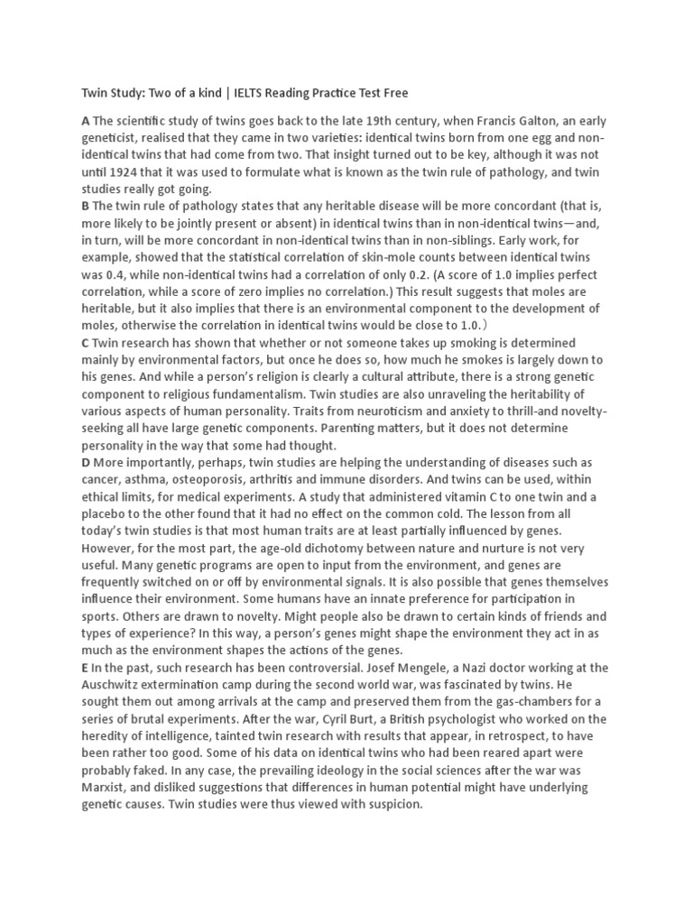 Twin Study | PDF | Nature Versus Nurture