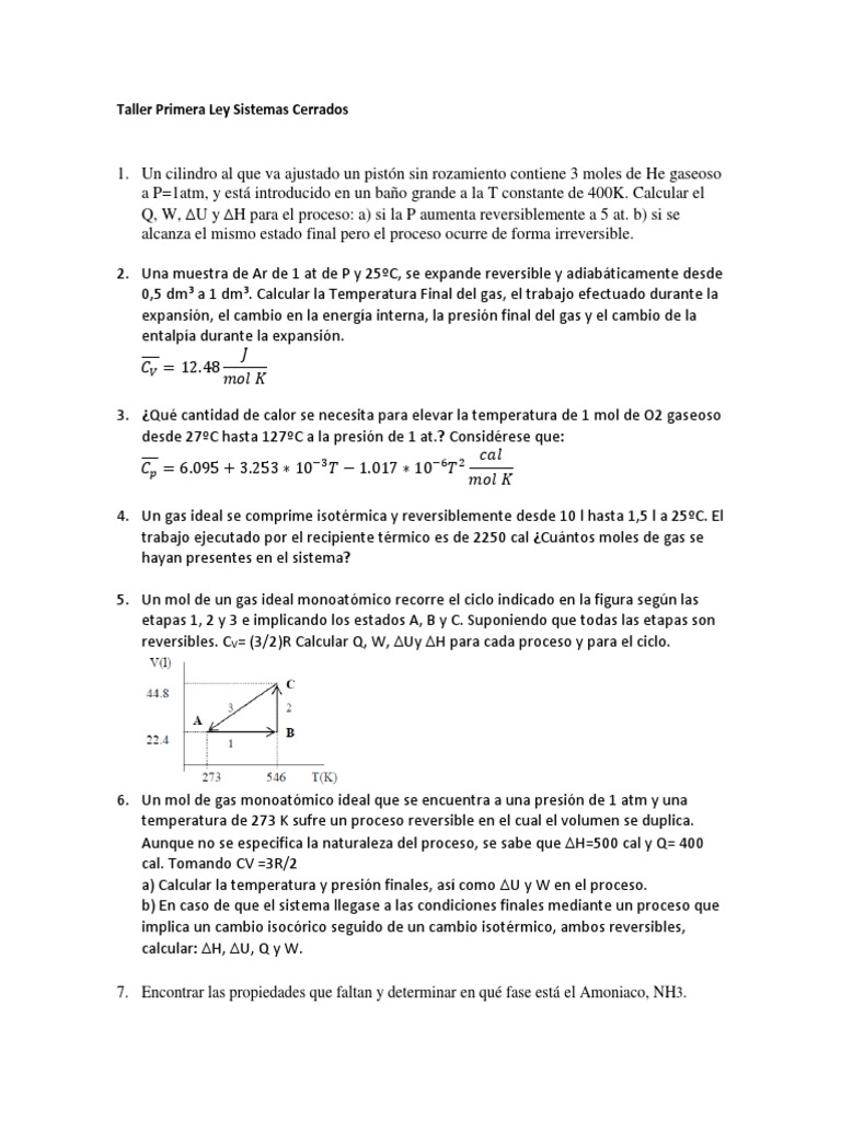 Taller Primera Ley Sistemas Cerrados | PDF | Gases | Calor