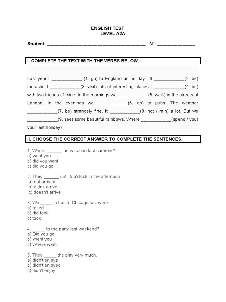 A2 English Test: Past Tense Practice | PDF | Language Arts & Discipline ...