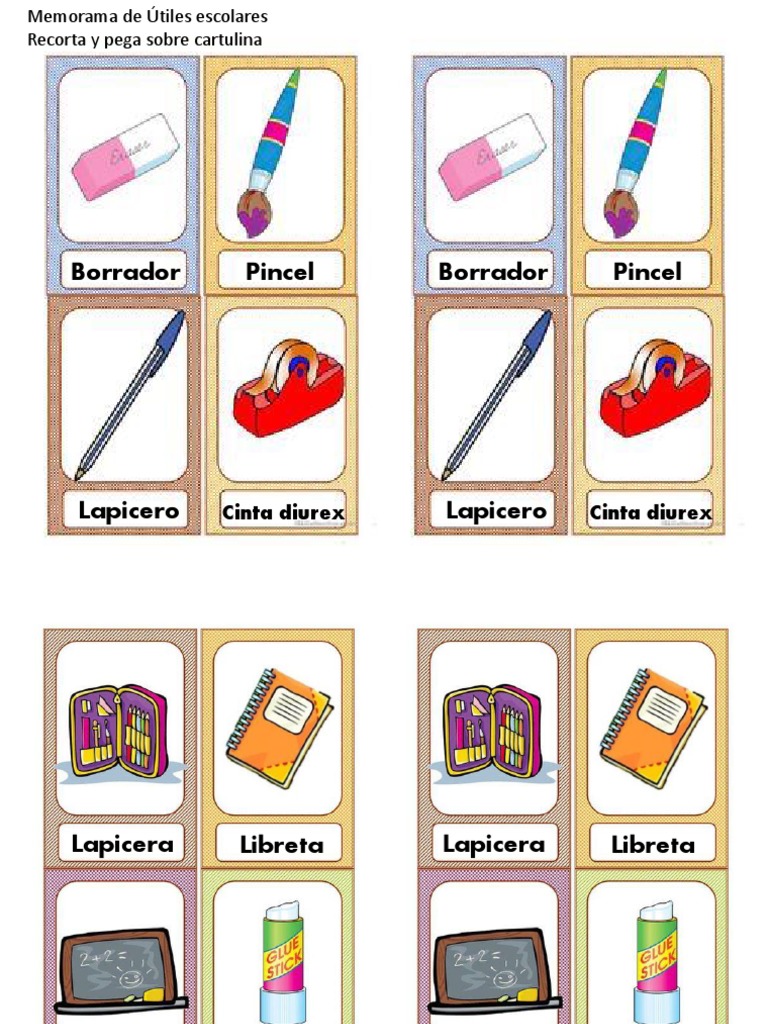 Memorama de útiles escolares: un collage visual de los elementos ...