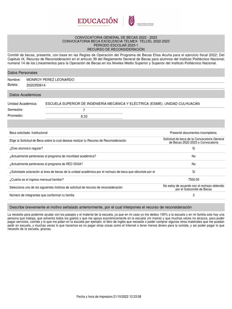 Recurso de Reconsideración Beca 2022-2023 | PDF