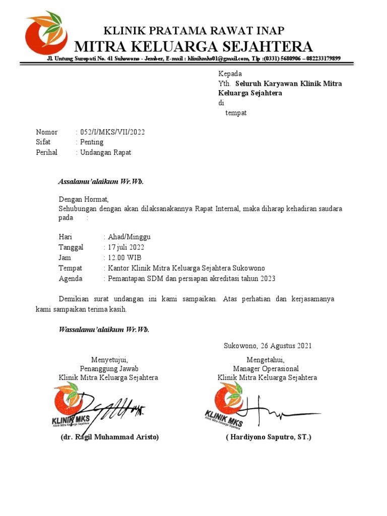 Undangan Rapat Internal Klinik Sejahtera | PDF