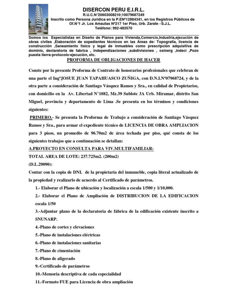 Modelo de CONTRATO PROFORMA LICENCIA DE CONSTRUCCION AMPLIACION | PDF ...