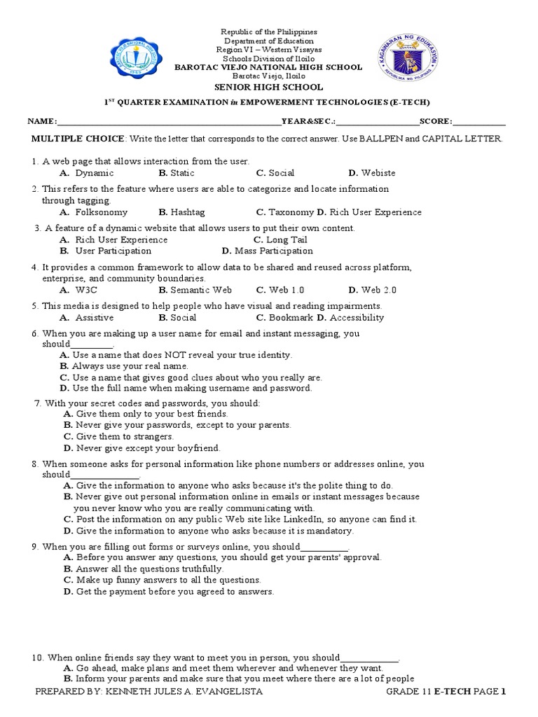 1st Periodical Exam in ETECH 2022-23 | PDF | World Wide Web | Internet & Web