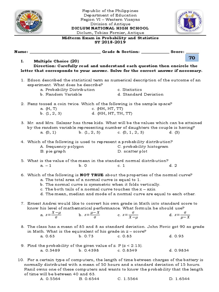 Mid Term Exam In Statistics And Probability Pdf Normal