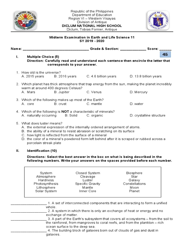 Midterm Unit Test in Earth and Life Science 11 | PDF | Earth | Minerals