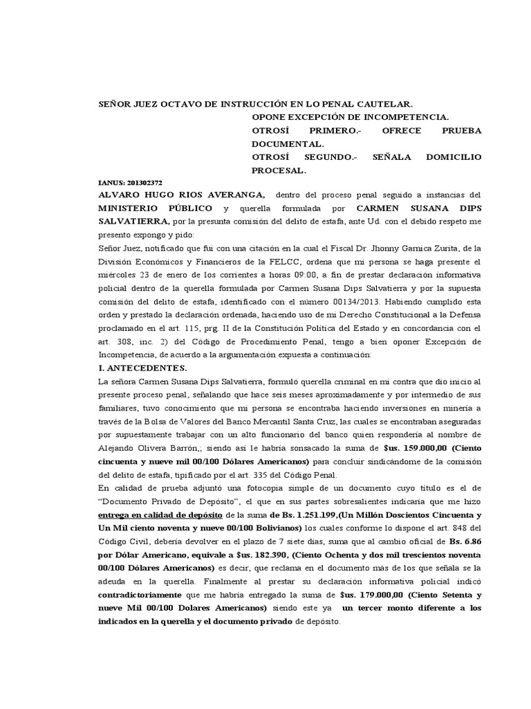 Excepción de Incompetencia en Estafa | PDF | Queja | Derecho penal