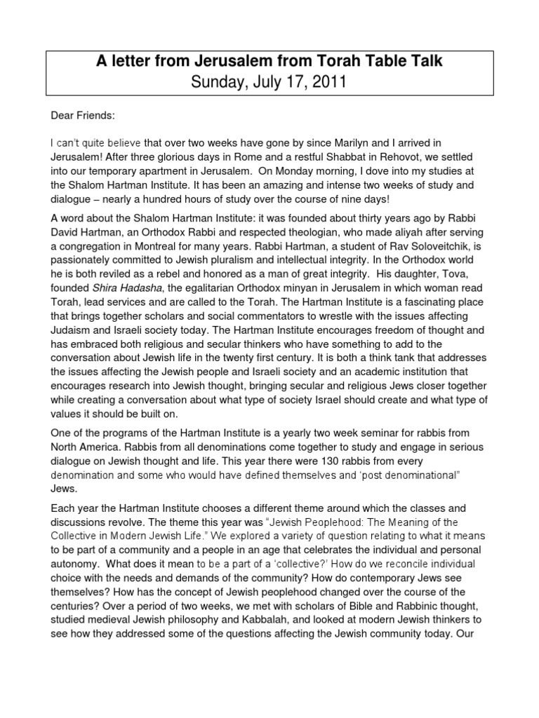 A Letter From Jerusalem From Torah Table Talk: Sunday, July 17, 2011 ...