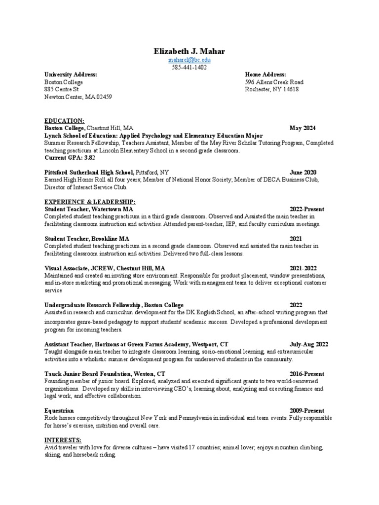 Elizabeth J Mahar Resume 2022 | PDF | Teachers | Classroom