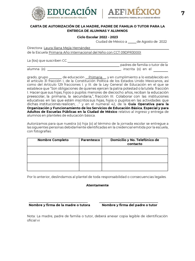 7.autorizacion Entrega de Alumnos | PDF