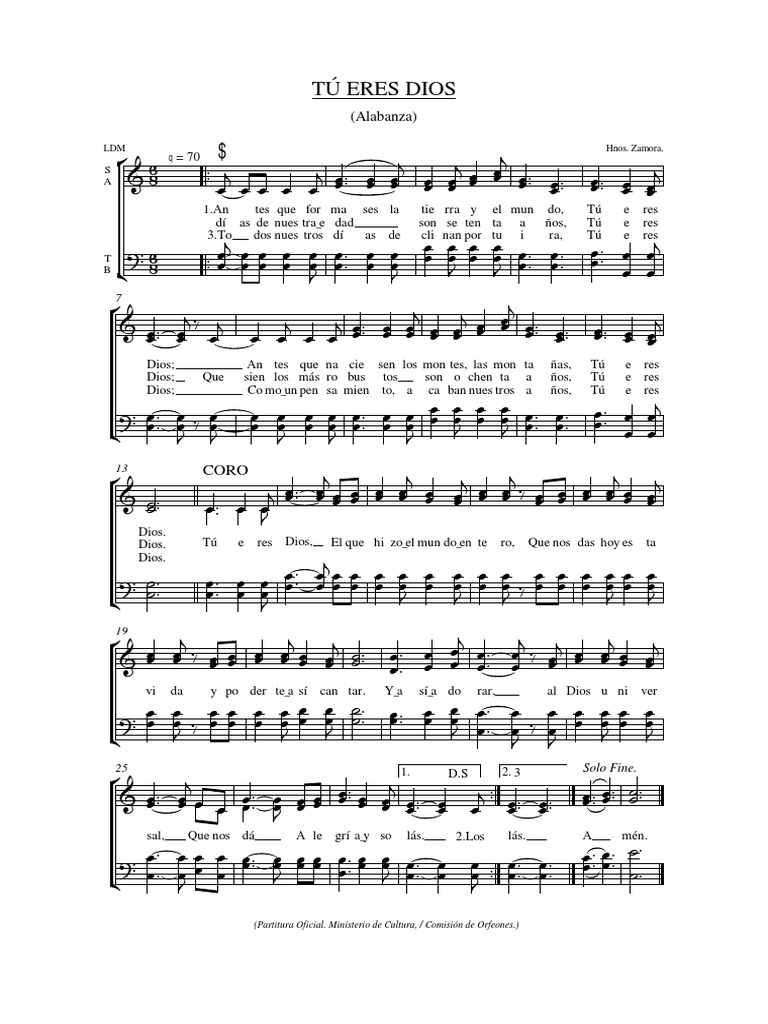 Letra y Partitura: "Tú Eres Dios" | PDF
