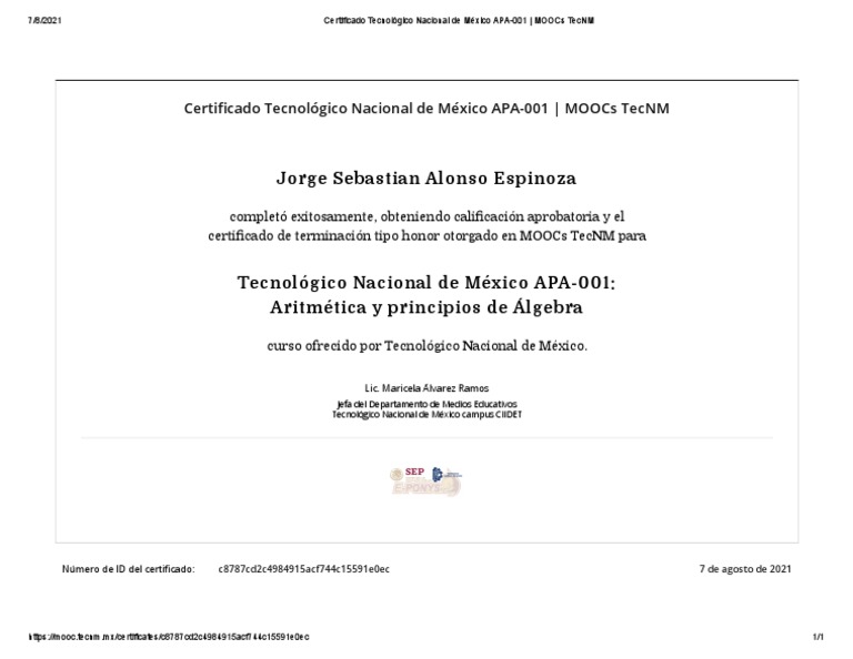 Certificado Tecnológico Nacional de México APA-001 - MOOCs TecNM | PDF