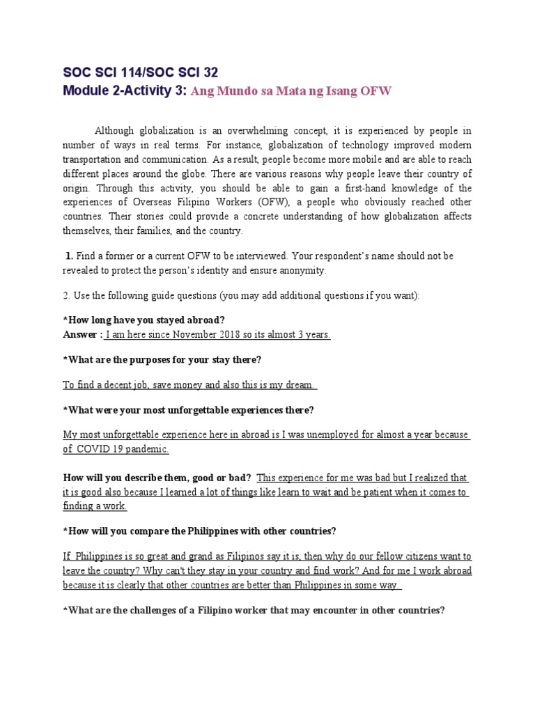 Soc Sci 114/soc Sci 32 Module 2-Activity 3:: Ang Mundo Sa Mata NG Isang OFW | PDF | Philippines ...