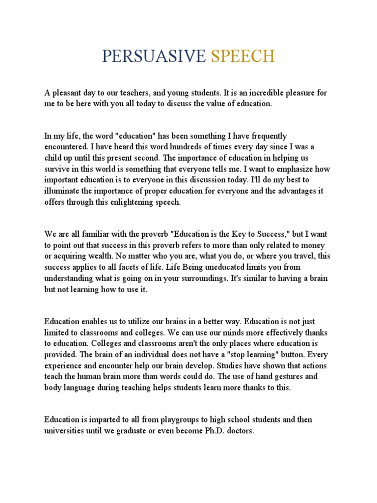 Persuasive Speech About EDUCATION | PDF | Communication | Behavior ...
