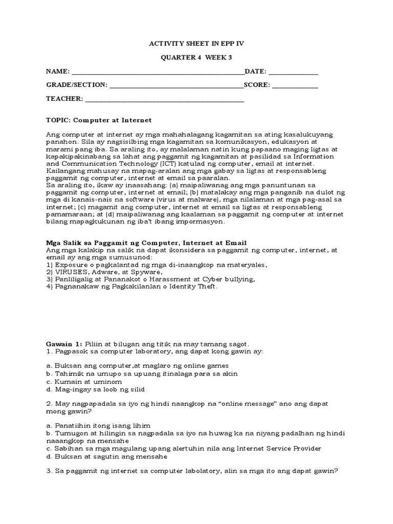 Activity Sheet in Epp Iv | PDF
