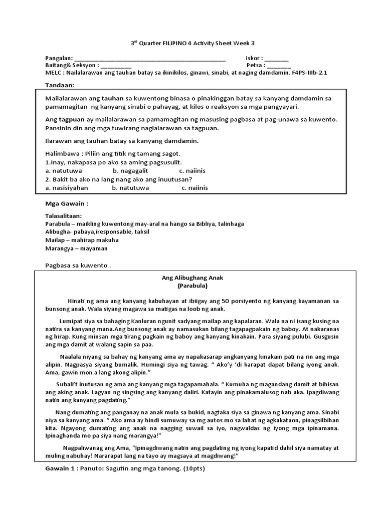 3rd Quarter FILIPINO 4 Activity Sheet Week 3 | PDF