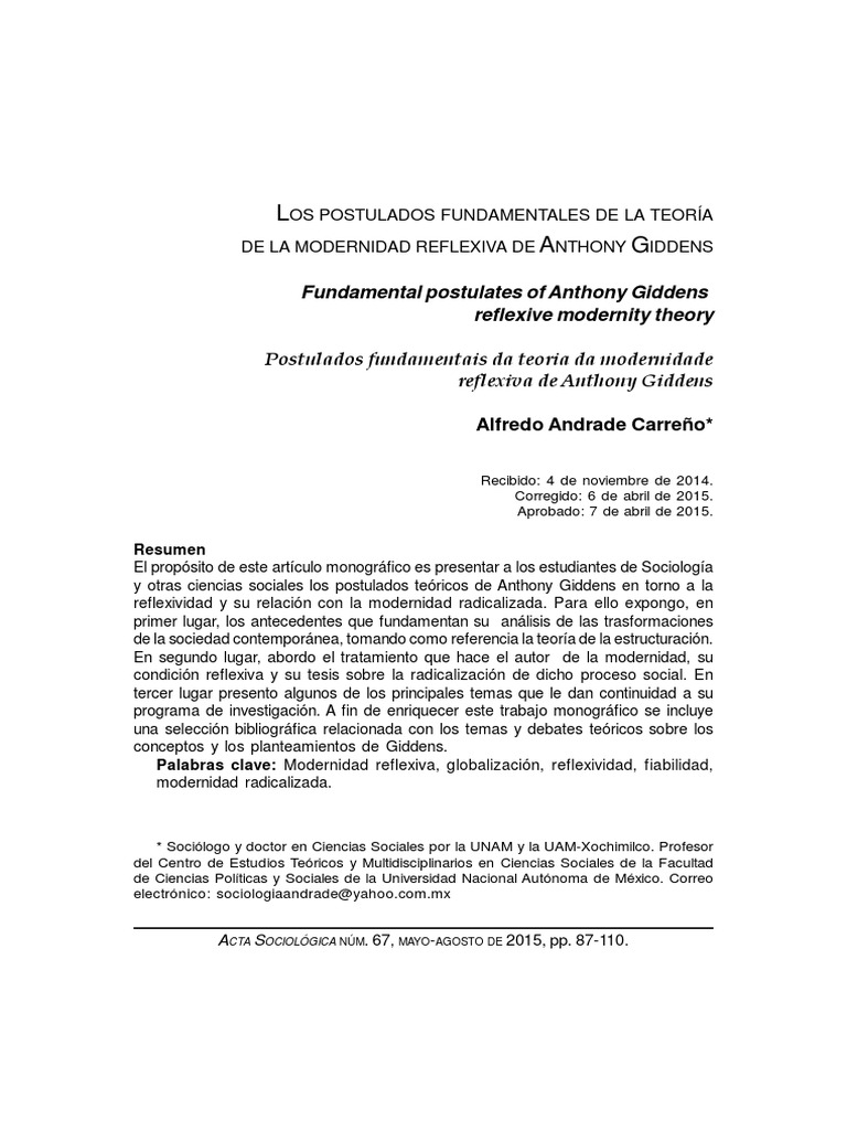 Alfredo Andrade Los Postulados Fundamentales de La Teoria de La Modernidad Reflexiva de Anthony ...