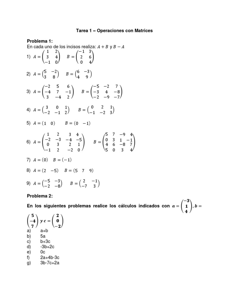 Tarea 1 - Operaciones Con Matrices | PDF | Álgebra lineal | Álgebra