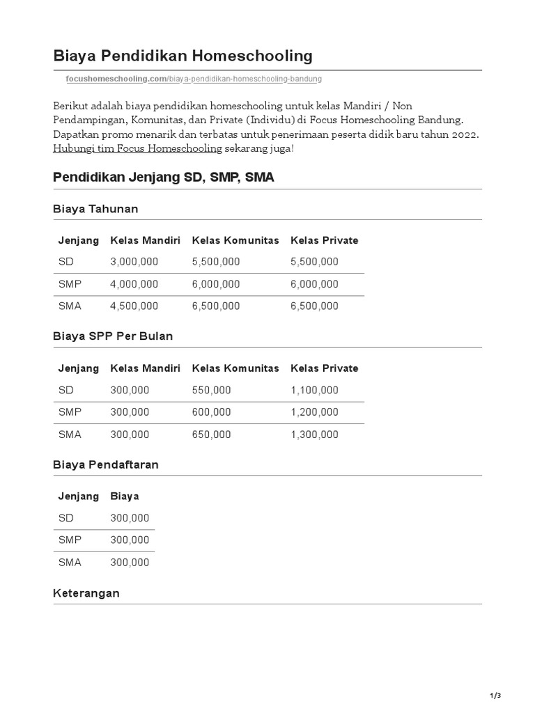 Biaya Pendidikan Homeschooling | PDF