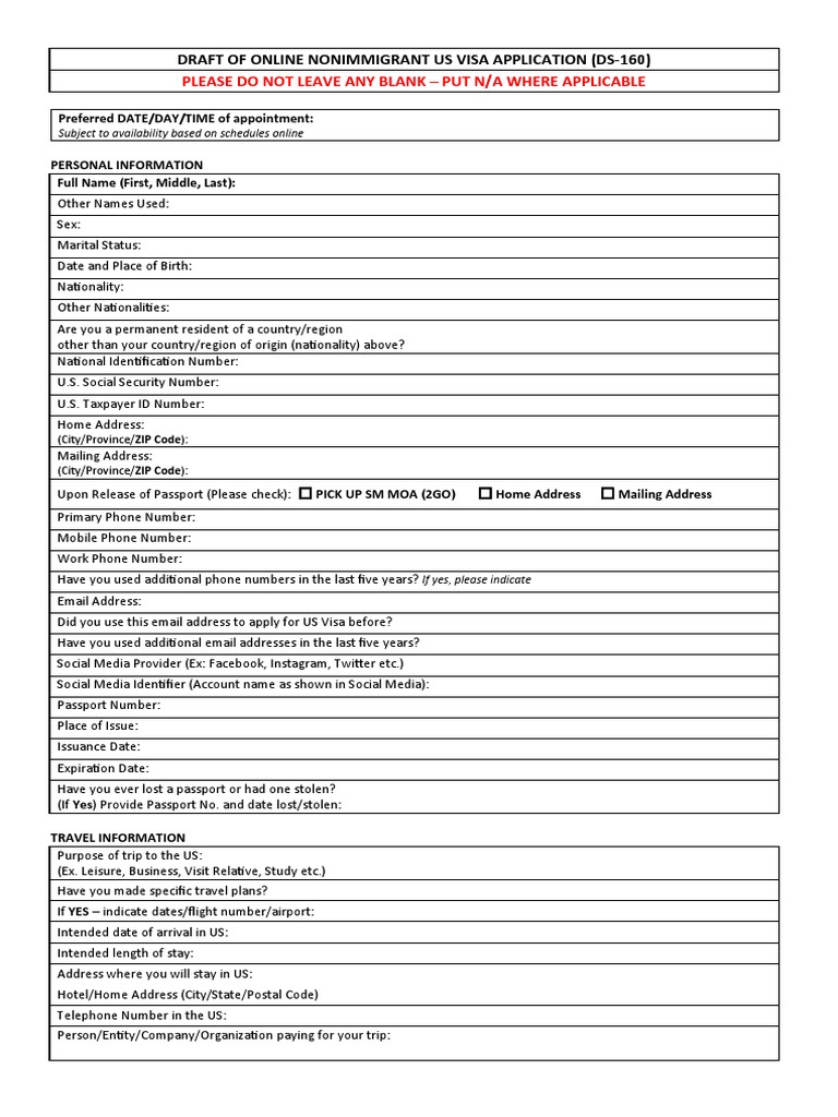 Online Nonimmigrant Visa Application (DS-160) | PDF | Travel Visa ...