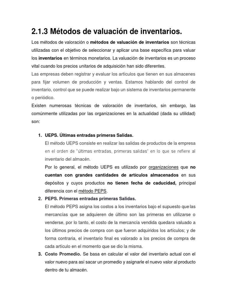 Métodos de valuación de inventarios UEPS, PEPS y Costo Promedio | PDF | Inventario | Valoración ...