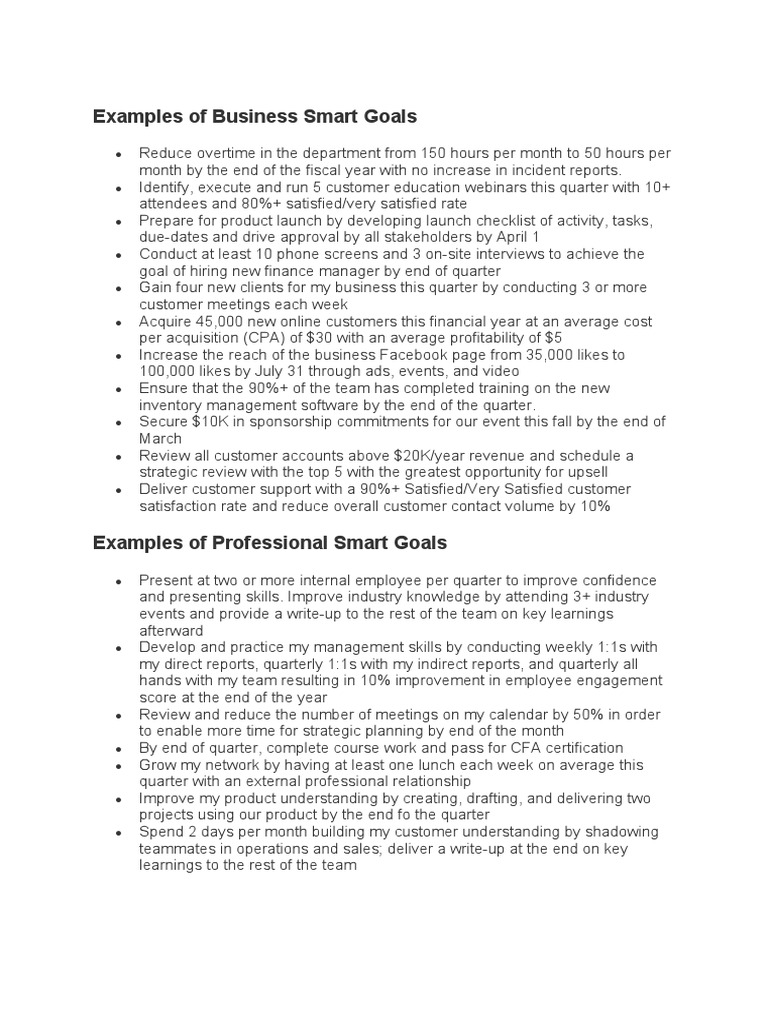 Examples SMART GOALS | PDF | Customer | Employment
