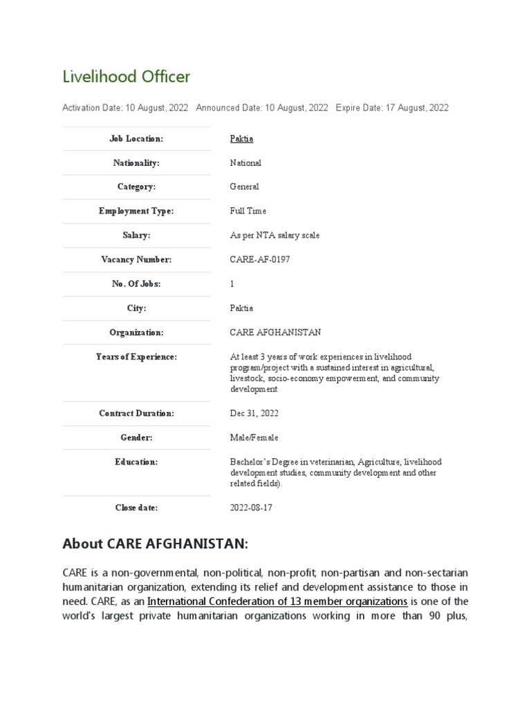 Livelihood Officer-17 August-CARE | PDF | Livestock | Empowerment