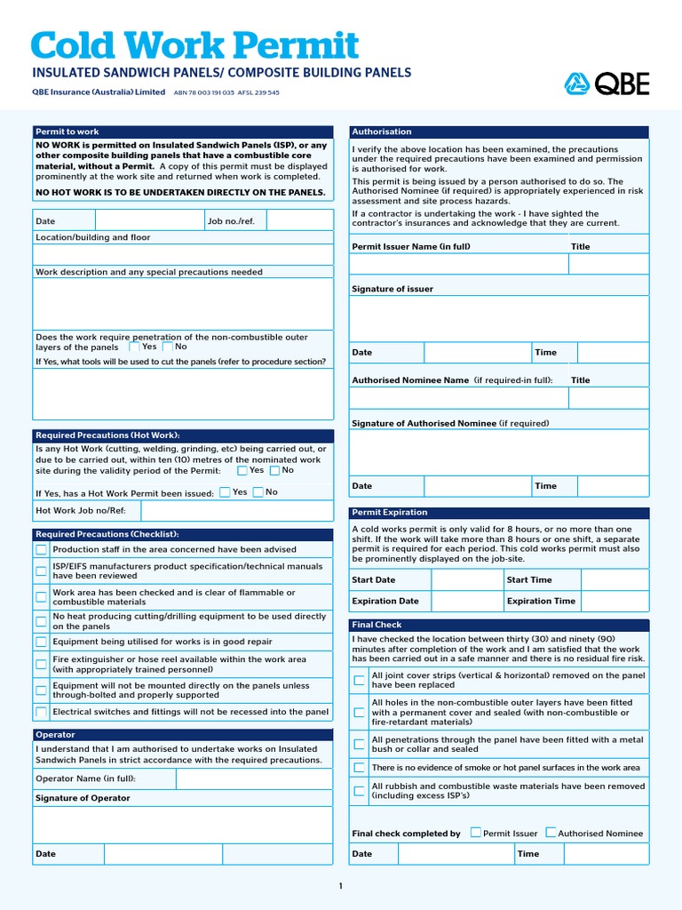 QM8739-1020 Cold Work Permit Final | Download Free PDF | Fires | Combustion