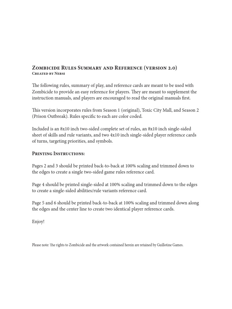 Zombicide Rules Summary v2 0 | PDF