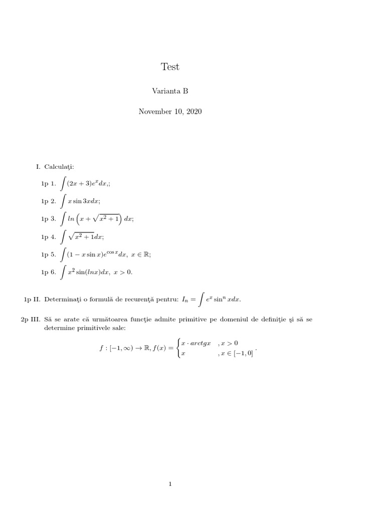 Test-Integrare Prin Parti 2020 | PDF