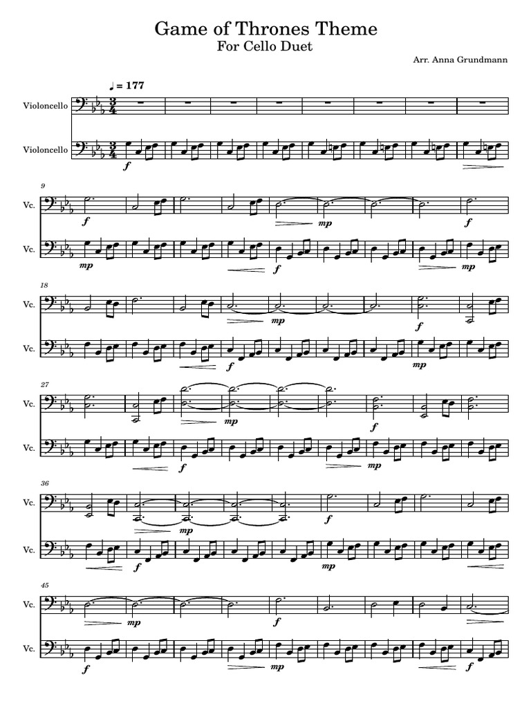 Game of Thrones Cello Duet | PDF | Classical Music | Baroque Music