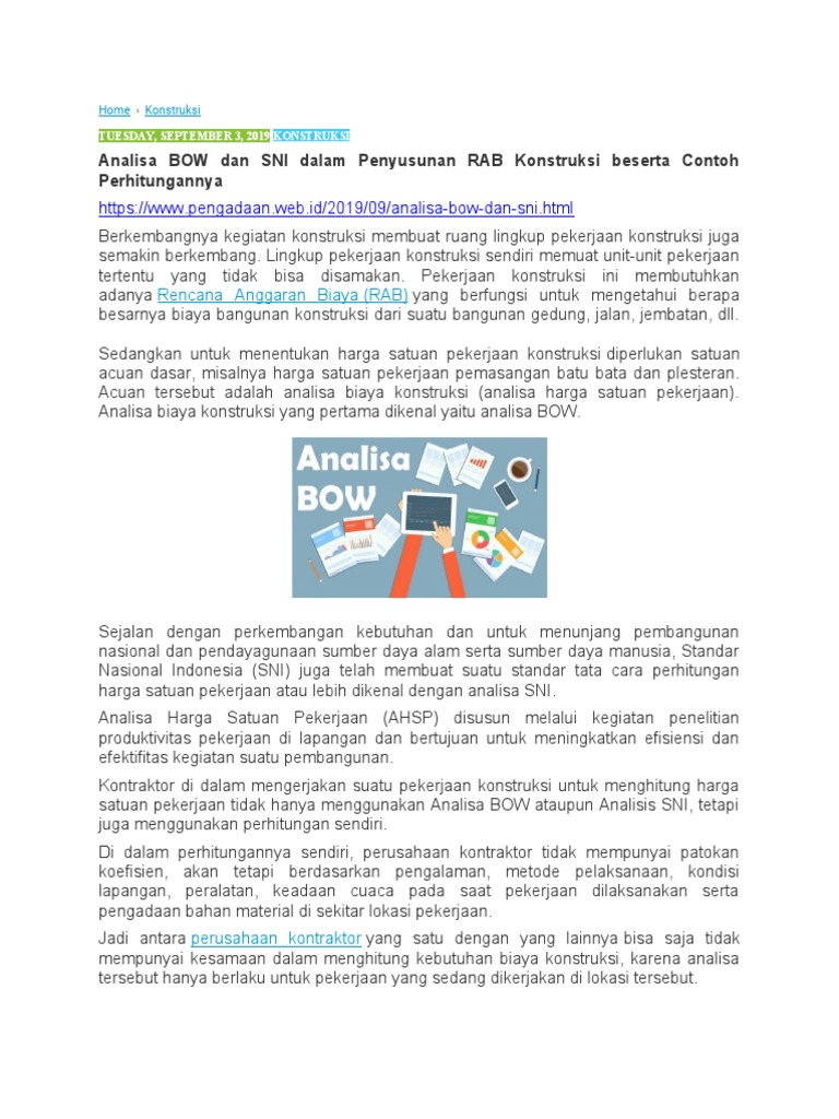 Analisa BOW Dan SNI Dalam Penyusunan RAB Konstruksi Beserta Contoh ...