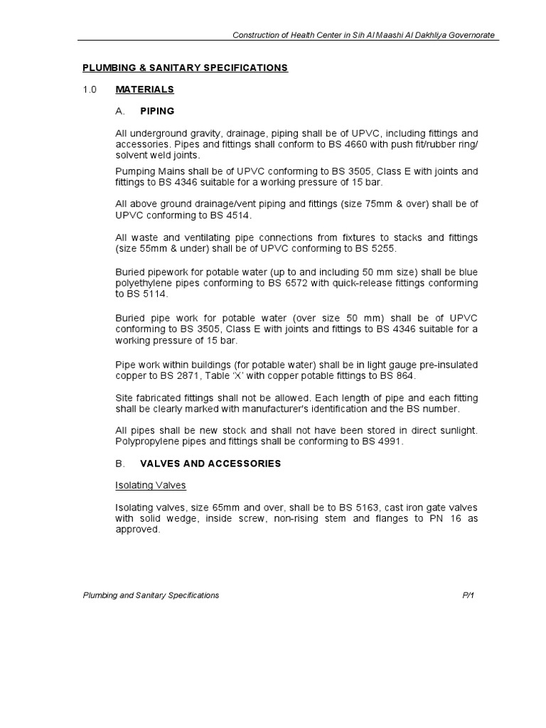 Plumbing Specifications | PDF | Plumbing | Sanitary Sewer