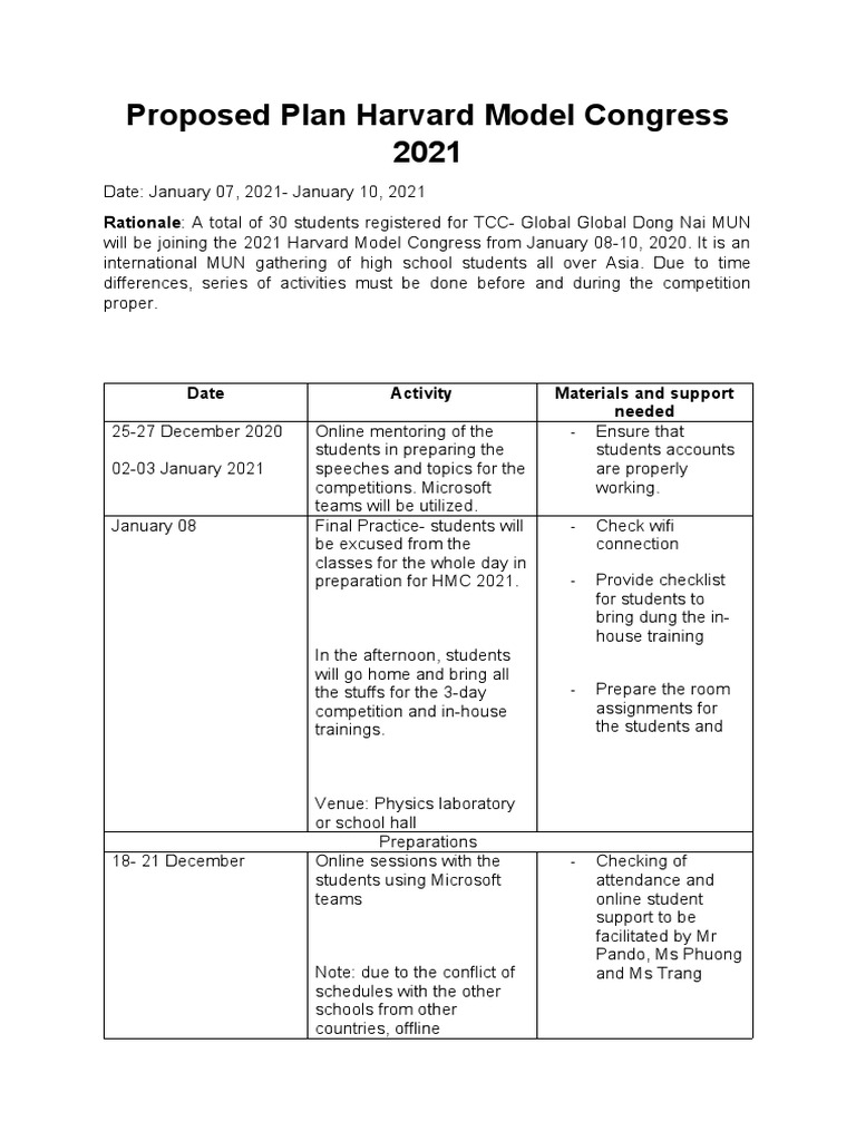 Proposed Plan Harvard Model Congress 2021 | PDF