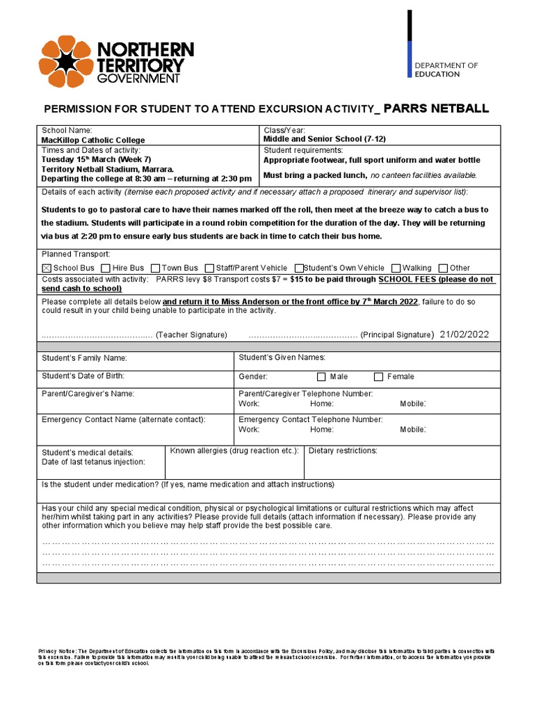 Parental Consent Form Netball | PDF | Caregiver | Duty Of Care
