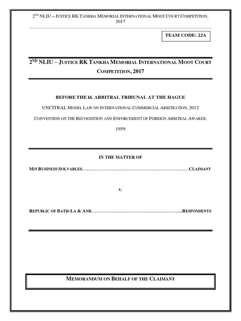 Tankha Memorandum Claimant 22A | PDF | Arbitration | Jurisdiction