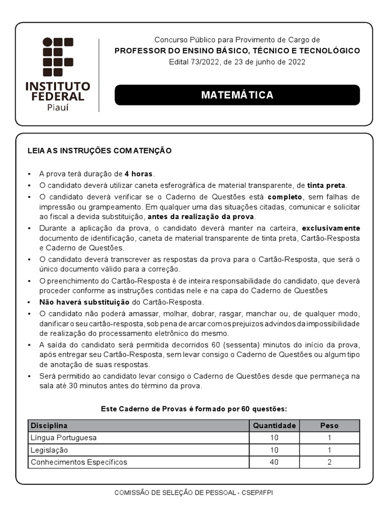 MATEMÁTICA IFPI 2022 | PDF | Pré-escola | Universidade