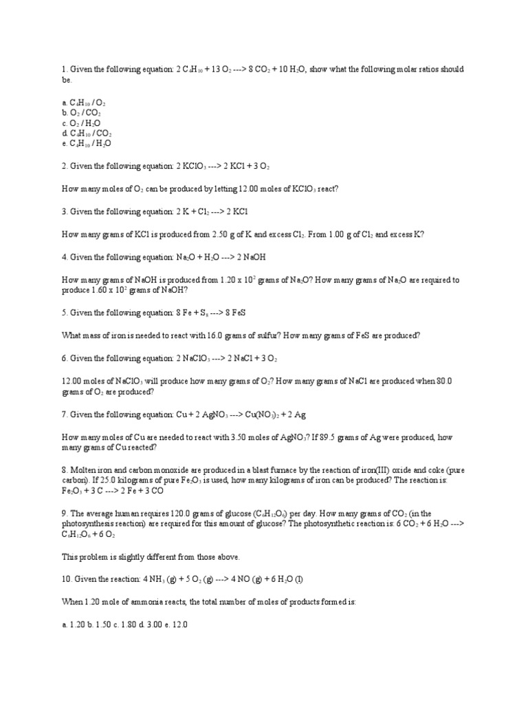 Stoichiometry Practice Worksheet With Answers | PDF | Iron | Mole (Unit)