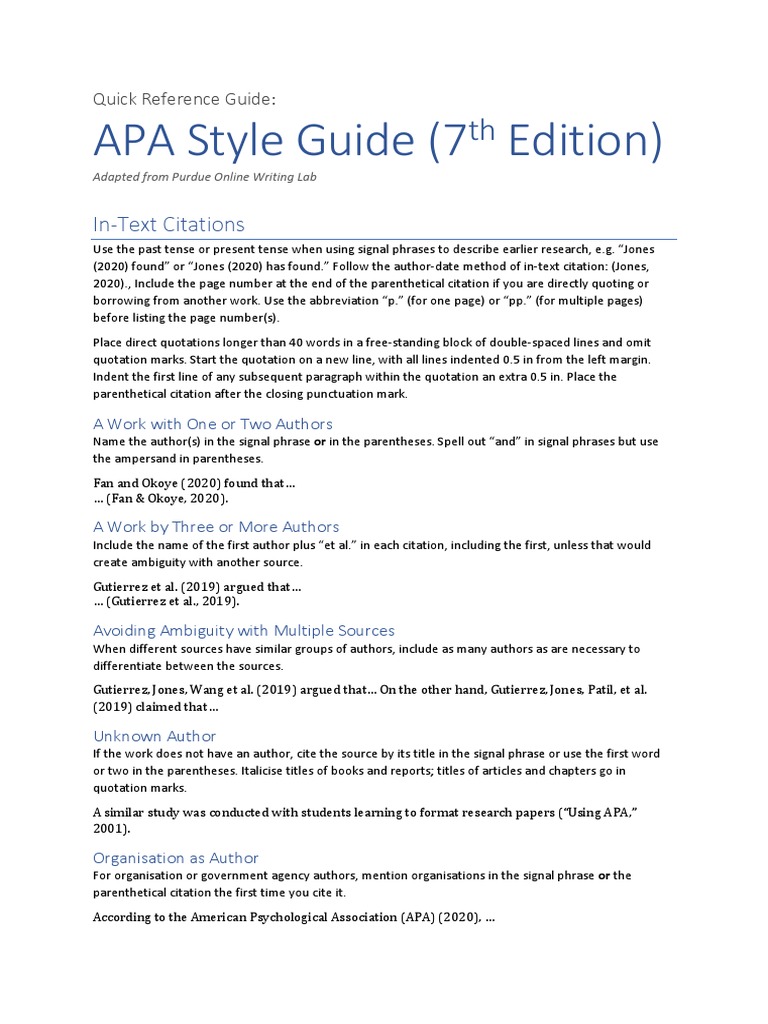 APA Style Guide (7th Edition) | PDF | Citation | Apa Style
