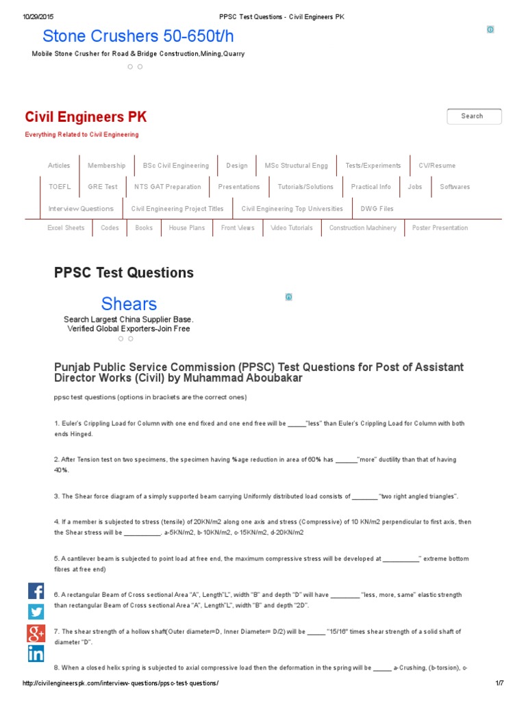 PPSC Civil Engineering Test Questions | PDF | Bending | Strength Of ...