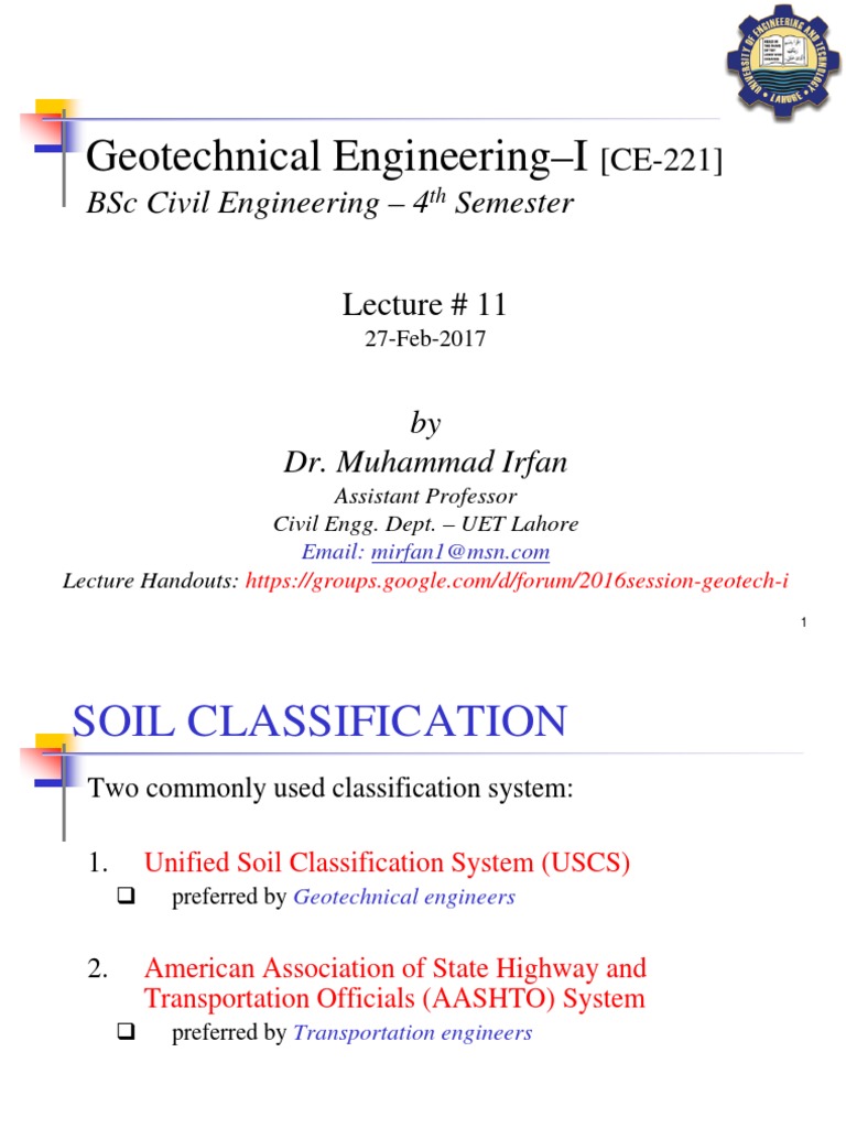 Lec #11 (USCS & AASHTO) | PDF | Silt | Sand