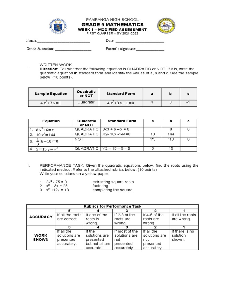 GRADE-9-MATHEMATICS Modified Assessments | PDF | Quadratic Equation ...