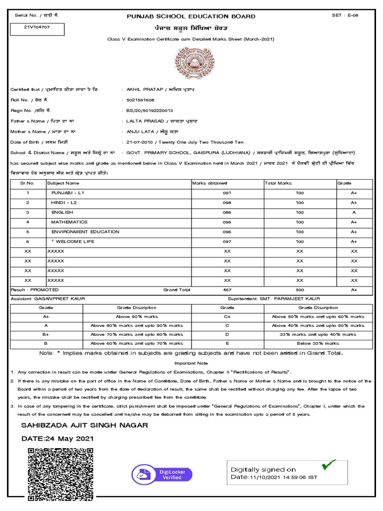 Class V Examination DMC 2021 PSEB | PDF